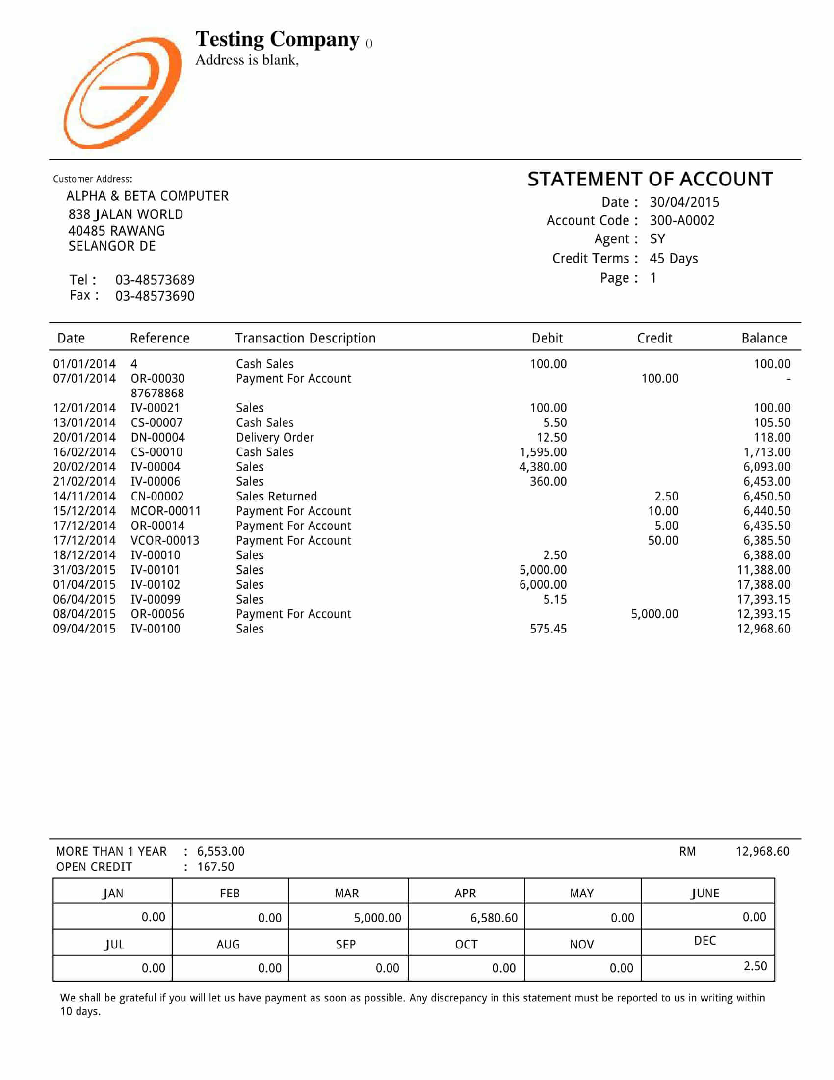 01 Customer Statement Monthly Basis E Stream MSC